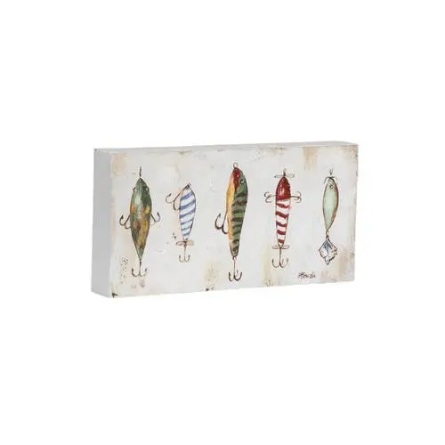TRANSPAC Mdf Hand Painted Fish Hook Block Decor For Spring Home Decor
