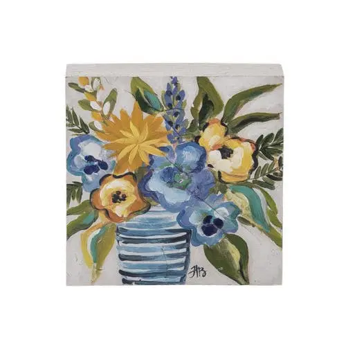 TRANSPAC Hand Painted Citrus Indigo Wood Block Home Decor Freestanding Sign For Spring Decorations - Multicolored