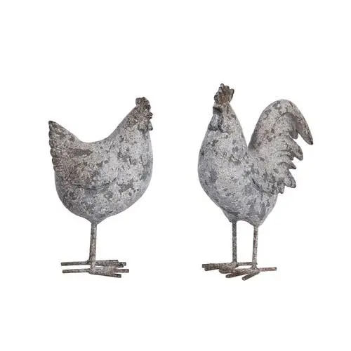 TRANSPAC Resin Distressed Rooster Garden Statue Set Of 2 Multicolored For Spring Home Decor - Gray