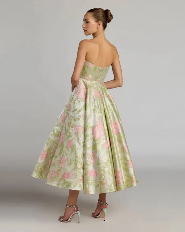 Mac Duggal Strapless A-line Midi Dress With Floral Brocade