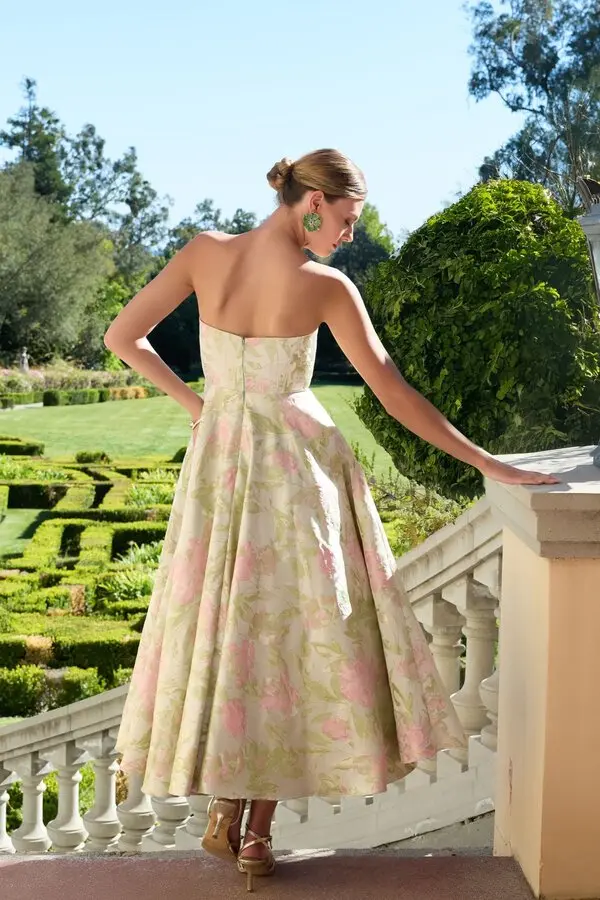 Mac Duggal Strapless A-line Midi Dress With Floral Brocade