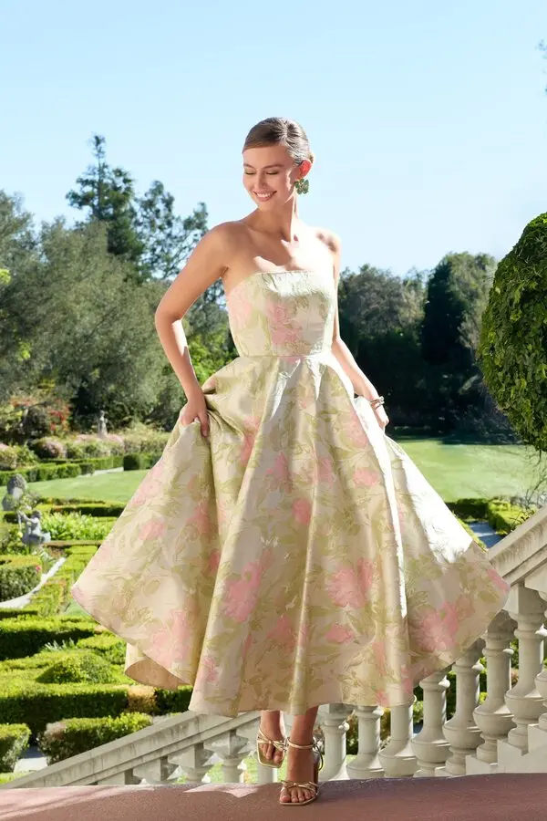 Mac Duggal Strapless A-line Midi Dress With Floral Brocade