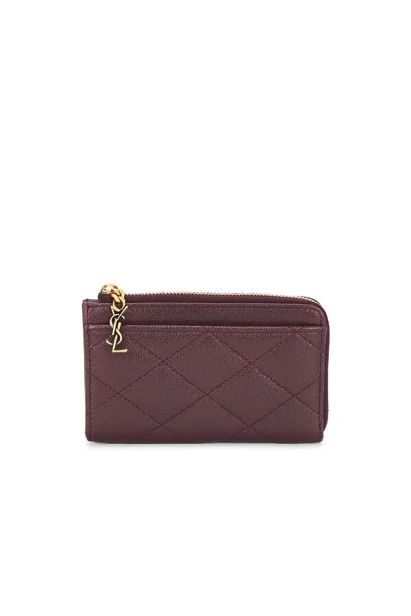 Saint Laurent Grain De Poudre Matelasse Zipped Card Case In Wine - Hot Wine