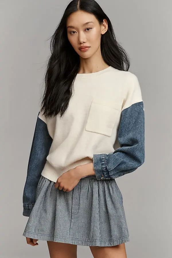 GREY LAB Denim Mixed Pullover Sweater - Ivory