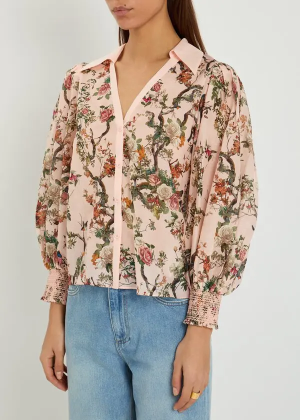 Alice + Olivia Floral-print Cotton-blend Blouse With Puff Sleeves - Pink