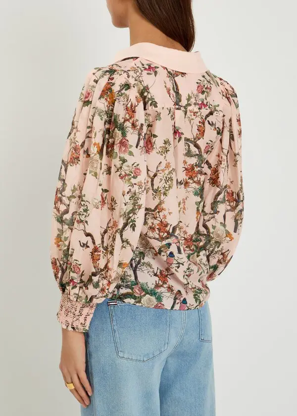 Alice + Olivia Floral-print Cotton-blend Blouse With Puff Sleeves - Pink