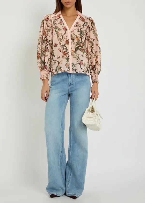 Alice + Olivia Floral-print Cotton-blend Blouse With Puff Sleeves - Pink