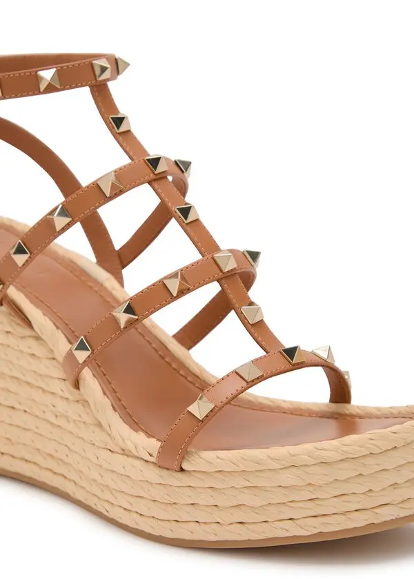 Valentino Garavani Rockstud Leather Wedge Espadrilles - Tan