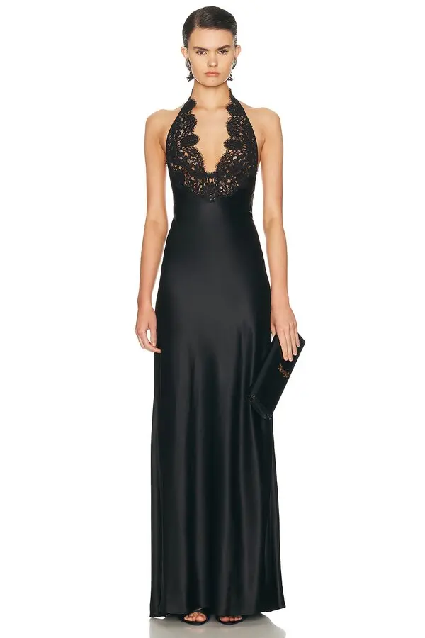 NILI LOTAN Noemi Lace Halter Gown - Black