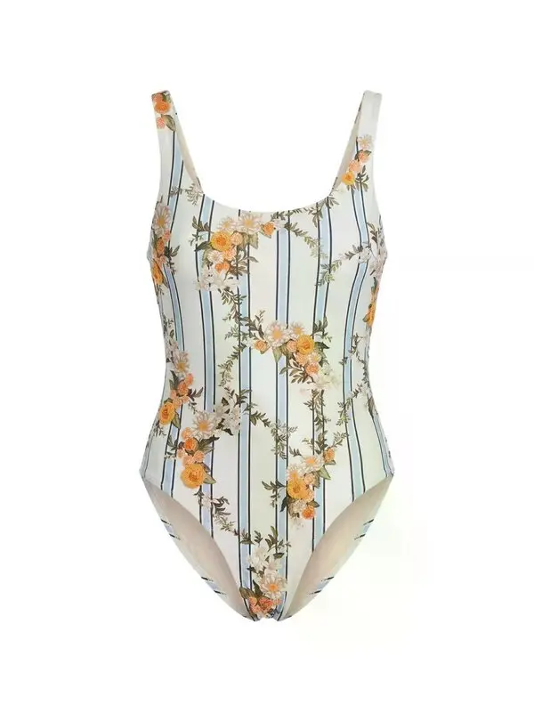 Agua Bendita Gema Valle Floral-print Striped Swimsuit - White