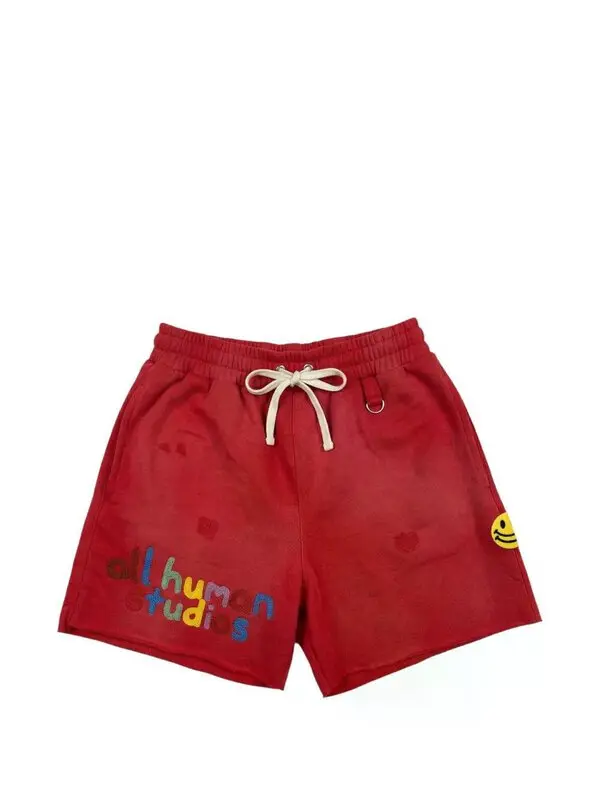 ALL HUMAN Embroidered Distressed Shorts - Red
