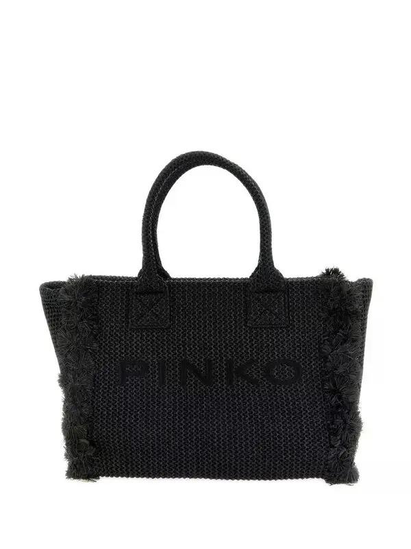 Pinko Raffia-effect Tote Bag With Fringe - Black