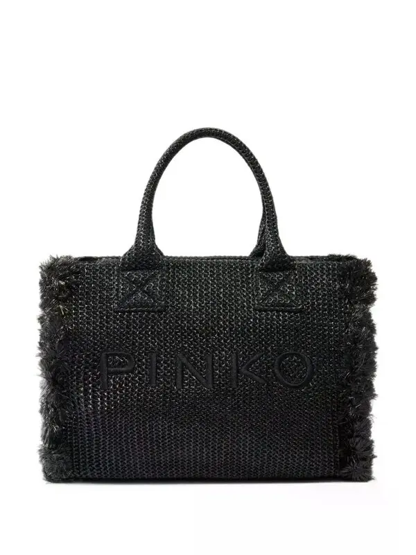 Pinko Raffia Beach Tote With Logo And Tassels - Black