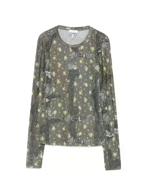 GANNI Floral-print Long-sleeve T-shirt - Green