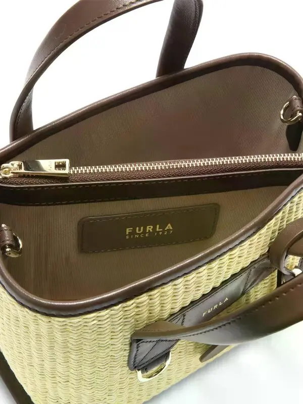 Furla Mini Tote Bag With Woven Texture And Leather Trim - Neutrals