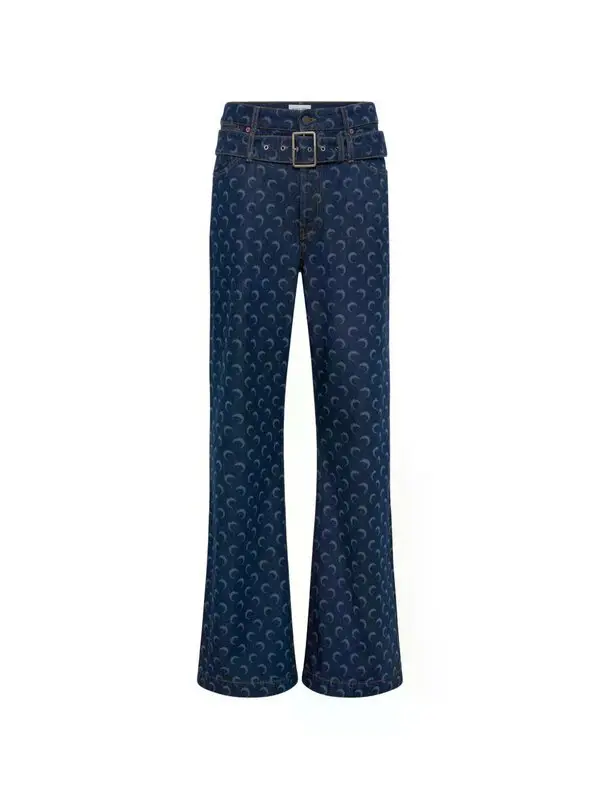 MARINE SERRE Crescent Moon-print Belted Jeans - Blue