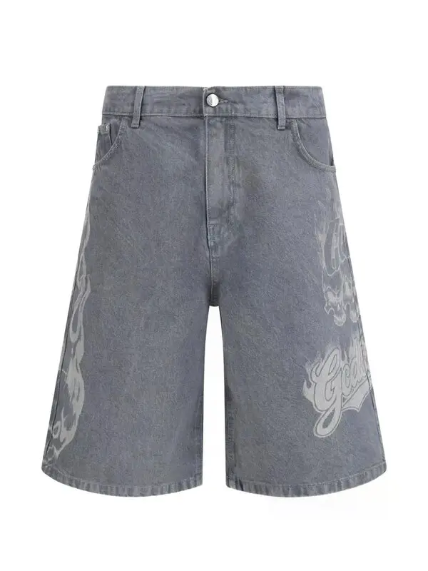 Gcds Skull-print Denim Shorts - Grey