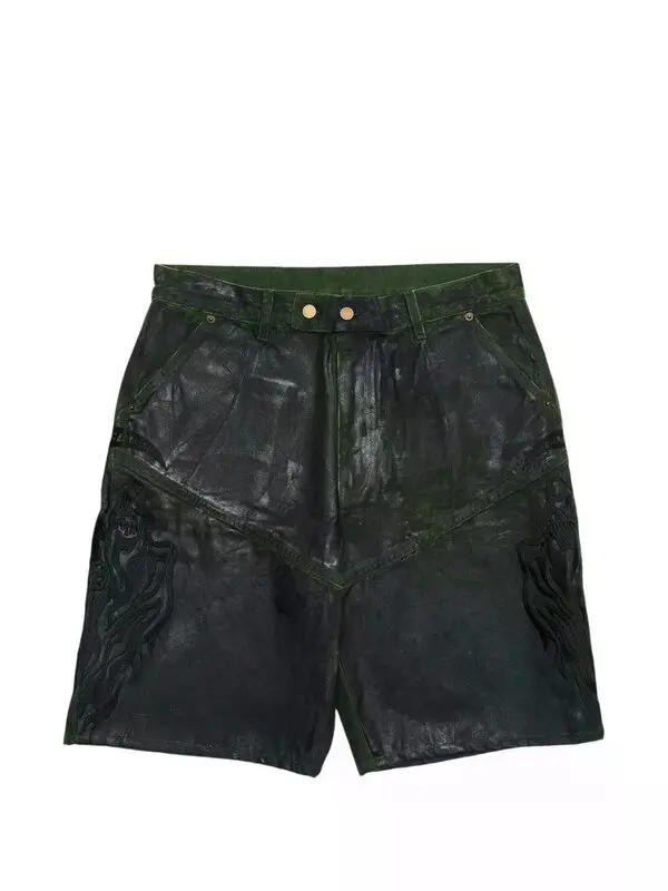 WARREN LOTAS Embroidered Reaper Moto Waxed Denim Shorts - Green