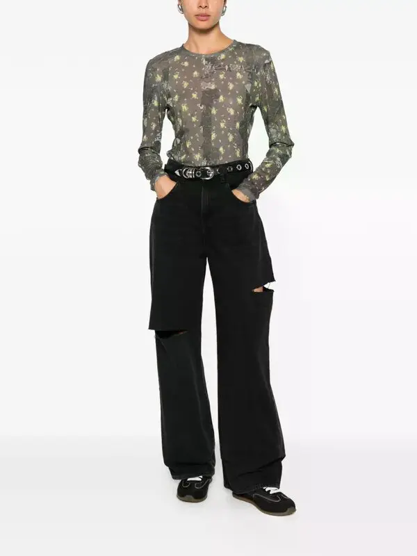 GANNI Floral-print Long-sleeve T-shirt - Green