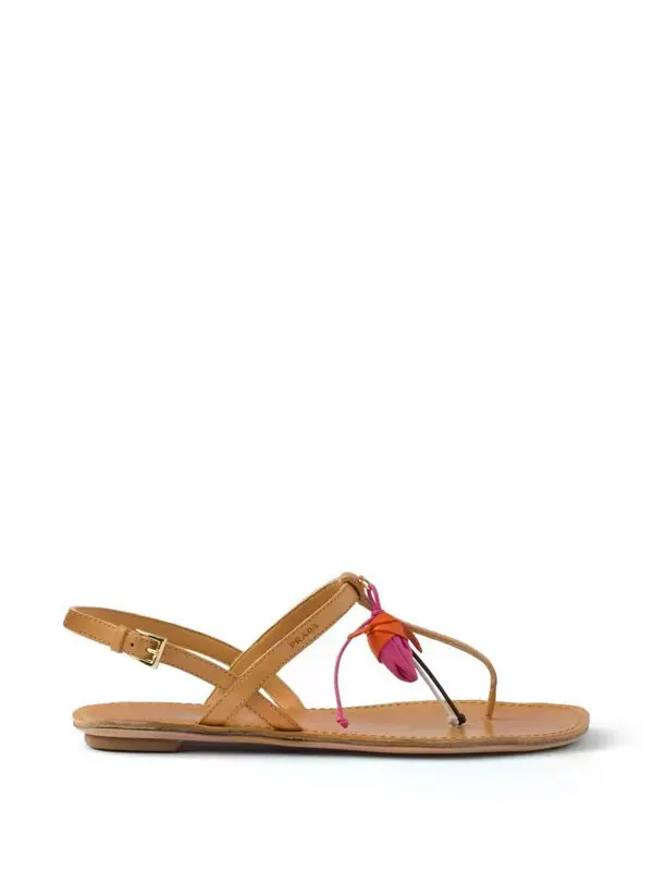 Prada Antiqued Leather Thong Sandals With Floral Ornament - Neutrals