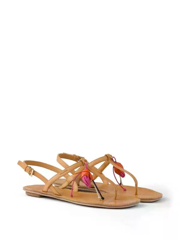 Prada Antiqued Leather Thong Sandals With Floral Ornament - Neutrals