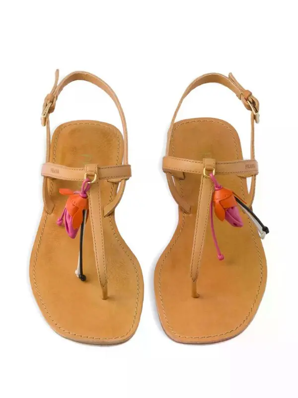 Prada Antiqued Leather Thong Sandals With Floral Ornament - Neutrals