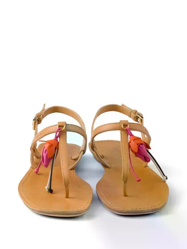 Prada Antiqued Leather Thong Sandals With Floral Ornament - Neutrals