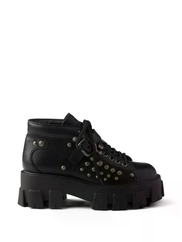 Prada Monolith Studded Leather Booties - Black