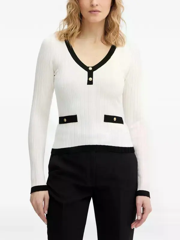 Guess V-neck Ribbed Knit Sweater - White