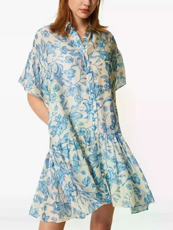 TWINSET Short Floral Print Ramie Shirt Dress - Neutrals