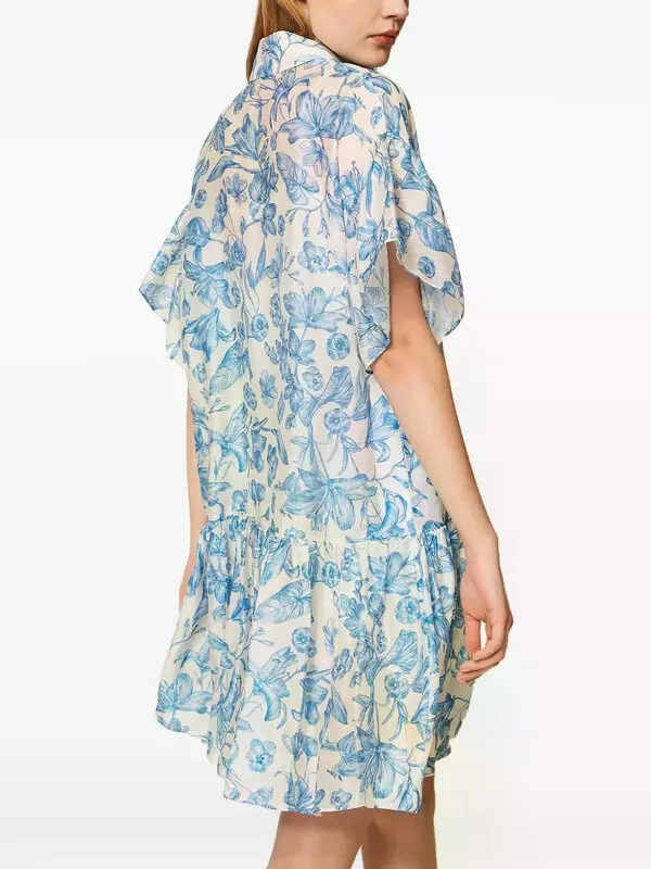 TWINSET Short Floral Print Ramie Shirt Dress - Neutrals