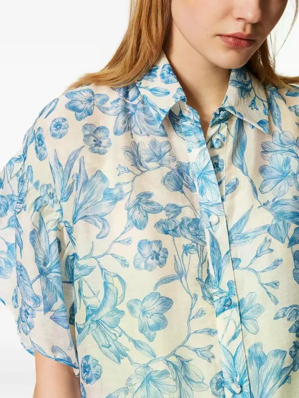 TWINSET Short Floral Print Ramie Shirt Dress - Neutrals