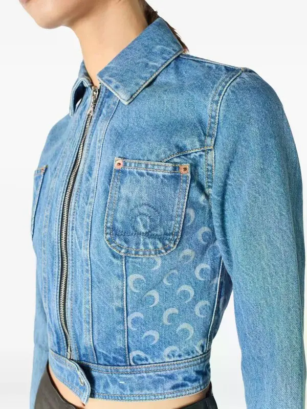 MARINE SERRE Cropped Moon Print Denim Jacket - Blue