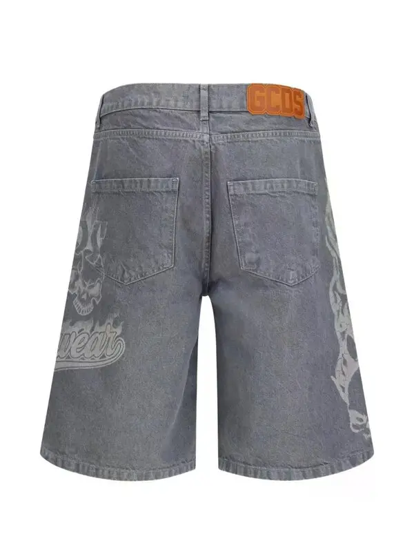 Gcds Skull And Flame Print Denim Shorts