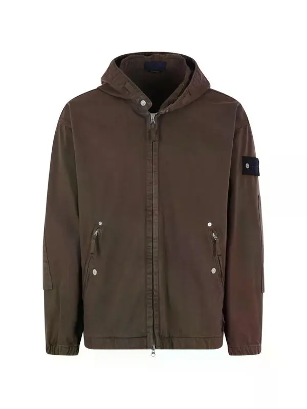 Stone Island Hooded Jacket With Logo Patch - Brown