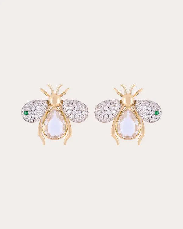 NELLY ROJAS Crystal Quartz & Diamond Abeja Real Stud Earrings - Gold