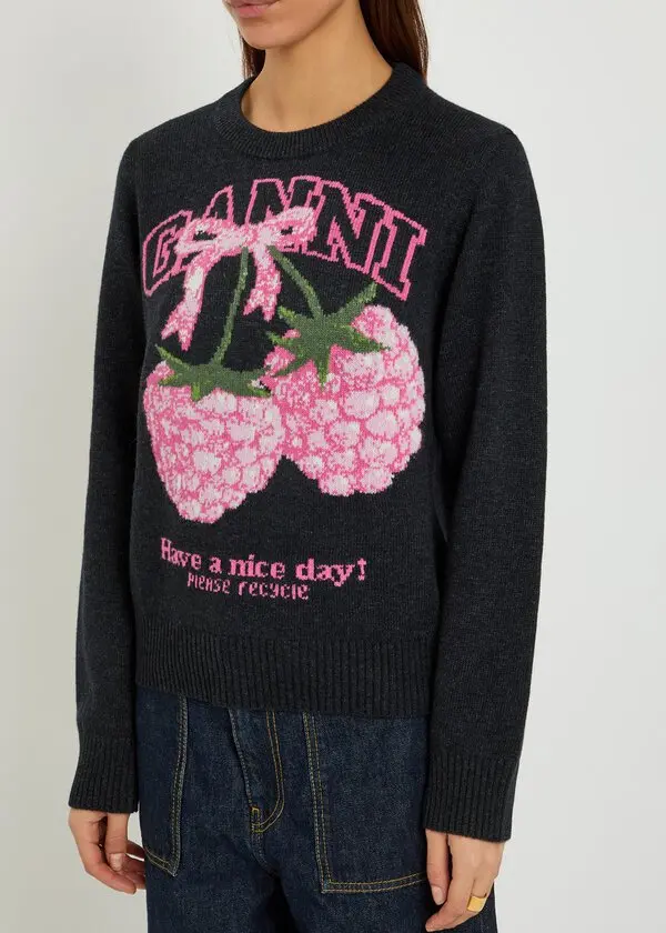 GANNI Logo Intarsia Wool-blend Jumper - Black