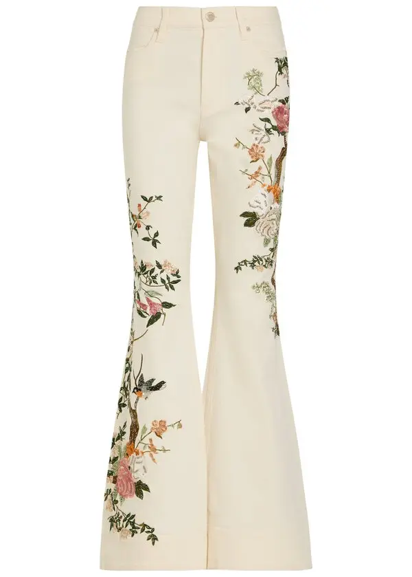 Alice + Olivia Floral Embroidered Flared-leg Jeans - White