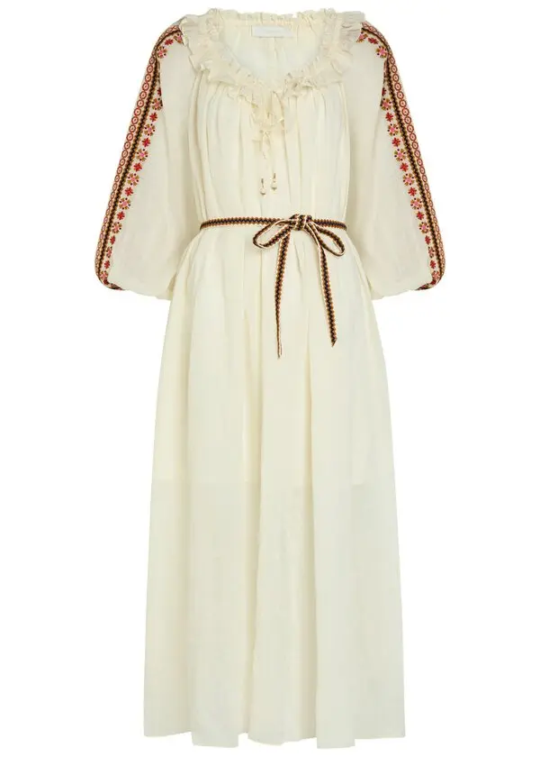 Zimmermann Aster Embroidered Belted Ramie Maxi Dress - Cream