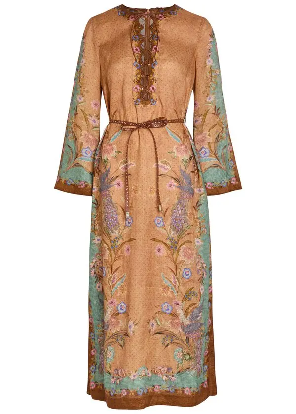 Zimmermann Indra Belted Printed Linen Midi Tunic Dress - Tan