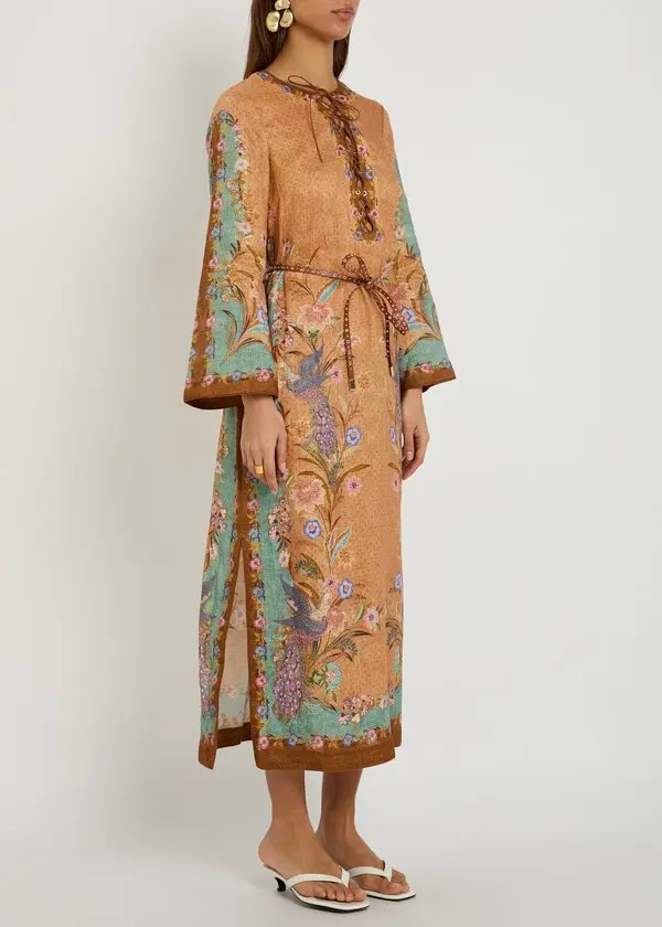 Zimmermann Indra Belted Printed Linen Midi Tunic Dress - Tan