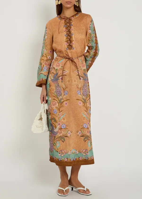 Zimmermann Indra Belted Printed Linen Midi Tunic Dress - Tan