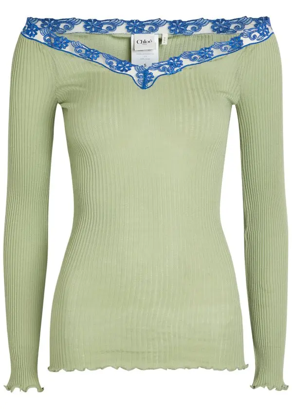 Chloé Lace Trim Ribbed Knit Top - Green