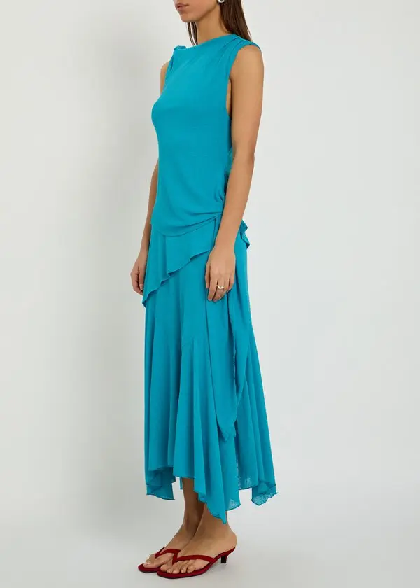 GANNI Draped Asymmetric Mesh Midi Dress - Light Blue