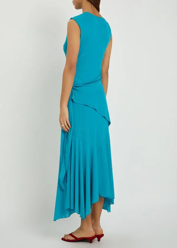GANNI Draped Asymmetric Mesh Midi Dress - Light Blue