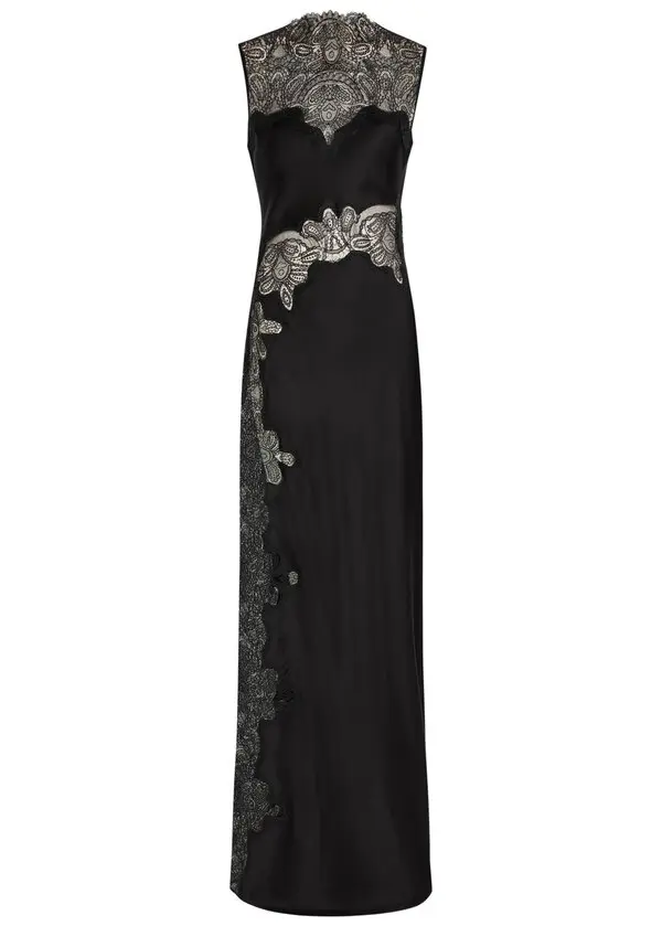 Shona Joy Jamila High-neck Lace Satin Maxi Dress - Black