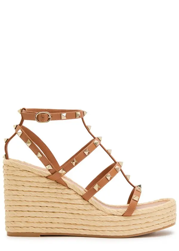 Valentino Garavani Rockstud Leather Wedge Espadrilles - Tan