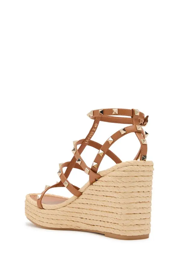 Valentino Garavani Rockstud Leather Wedge Espadrilles - Tan