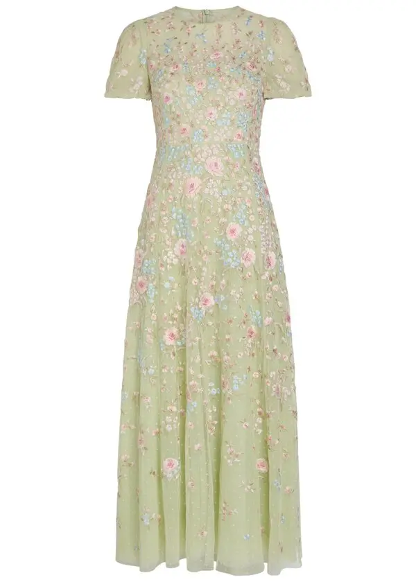 NEEDLE & THREAD Floral-embroidered Tulle Midi Dress - Light Green