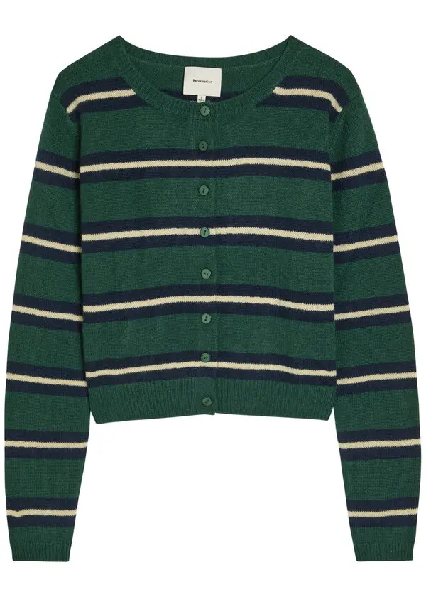 REFORMATION Clara Striped Cashmere Cardigan - Green